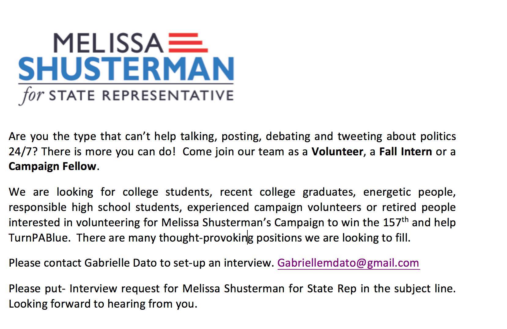 Volunteer for Melissa Shusterman for State Representative in the 157th ...
